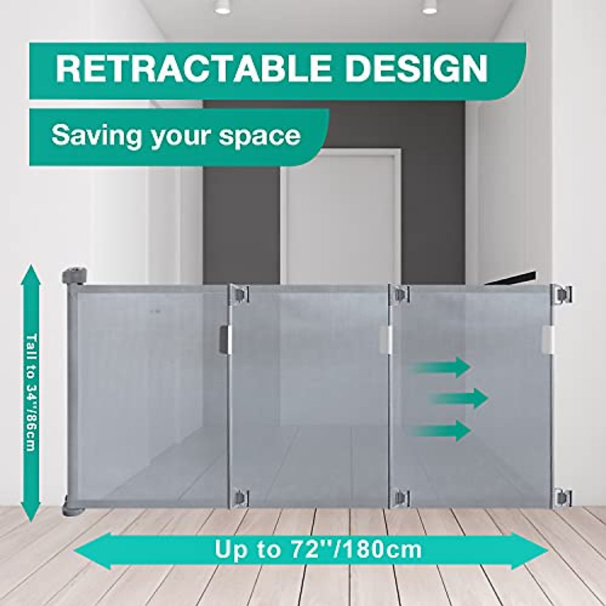 Retractable Baby Gates for Staris - PRObebi Retractable Dog Gate, Indoor Safety Gate Extends to 72" Wide 34" Tall, Extra Wide Baby Gate, Mesh Gate for Doorways, Hallways, Outdoor, Grey