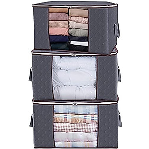 AJWON Large Capacity Clothes Storage Bag Organizer, Foldable Clothing Storage Bins with Clear Window, Reinforced Handle and Sturdy Zipper for Organizing Comforters, Blankets, Bedding,Closet,Pillows, 90L, Grey (Large)