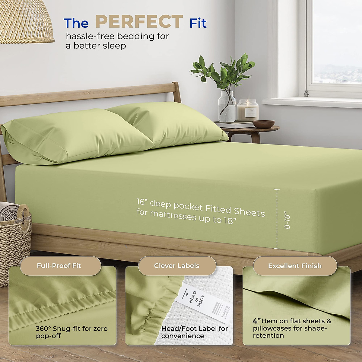 THREAD SPREAD Cotton Full Size Sheet Sets - 400 Thread Count 4 PC 100% Cotton Bed Sheets, 16” Deep Pocket Full Size Sheets Cotton, Soft, Sateen Cooling Full Sheet Set, Luxury Hotel Sheets (Sage Green)