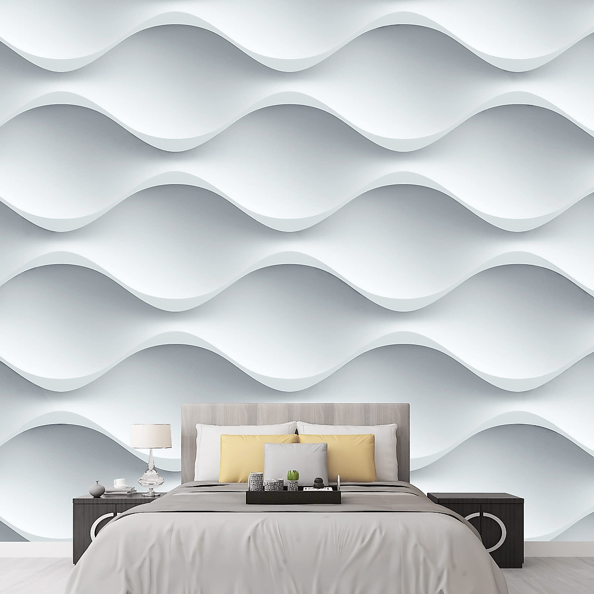 wall26 Removable Wall Sticker/Wall Mural 3D Geometric White Wave Pattern Abstract Shapes Digital Art Modern Art Panorama Multicolor Relax/Calm for Living Room, Bedroom, Office - 66x96 inches