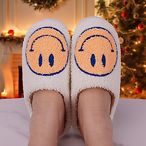 FACAXEDRE Smile Face Slippers for Women Fuzzy Happy Face for Woman Ladies Bedroom Woman Indoor and Outdoor Retro Home House Beige 7-8