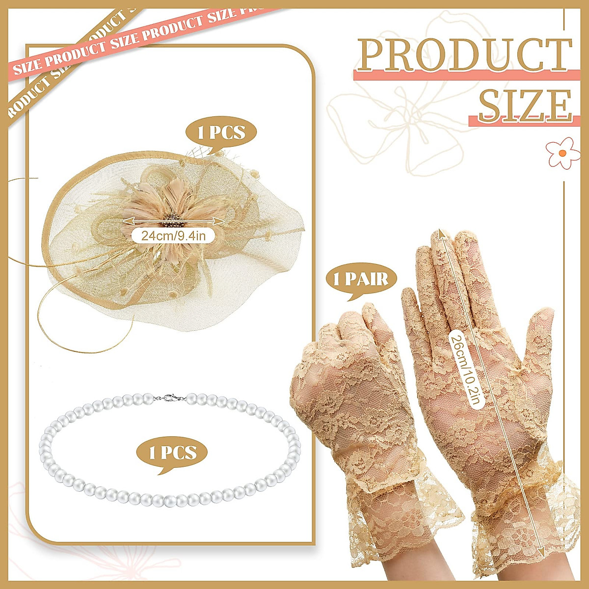 3 Pieces Fascinators Hats for Women Tea Party Hat Feathers Veil Mesh Hat Lace Gloves Pearl Choker Necklace Set for Wedding (Gold)