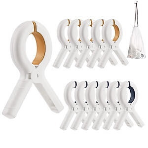 12 Pack Beach Towel Clips, Heavy Duty Towel Clips for Chairs Cruise Strong Anti-Rust Springs Clothespins for Laundry Keep Towel Clothes Blankets Dry on Clothesline and Hanging Rack Khaki and Blue