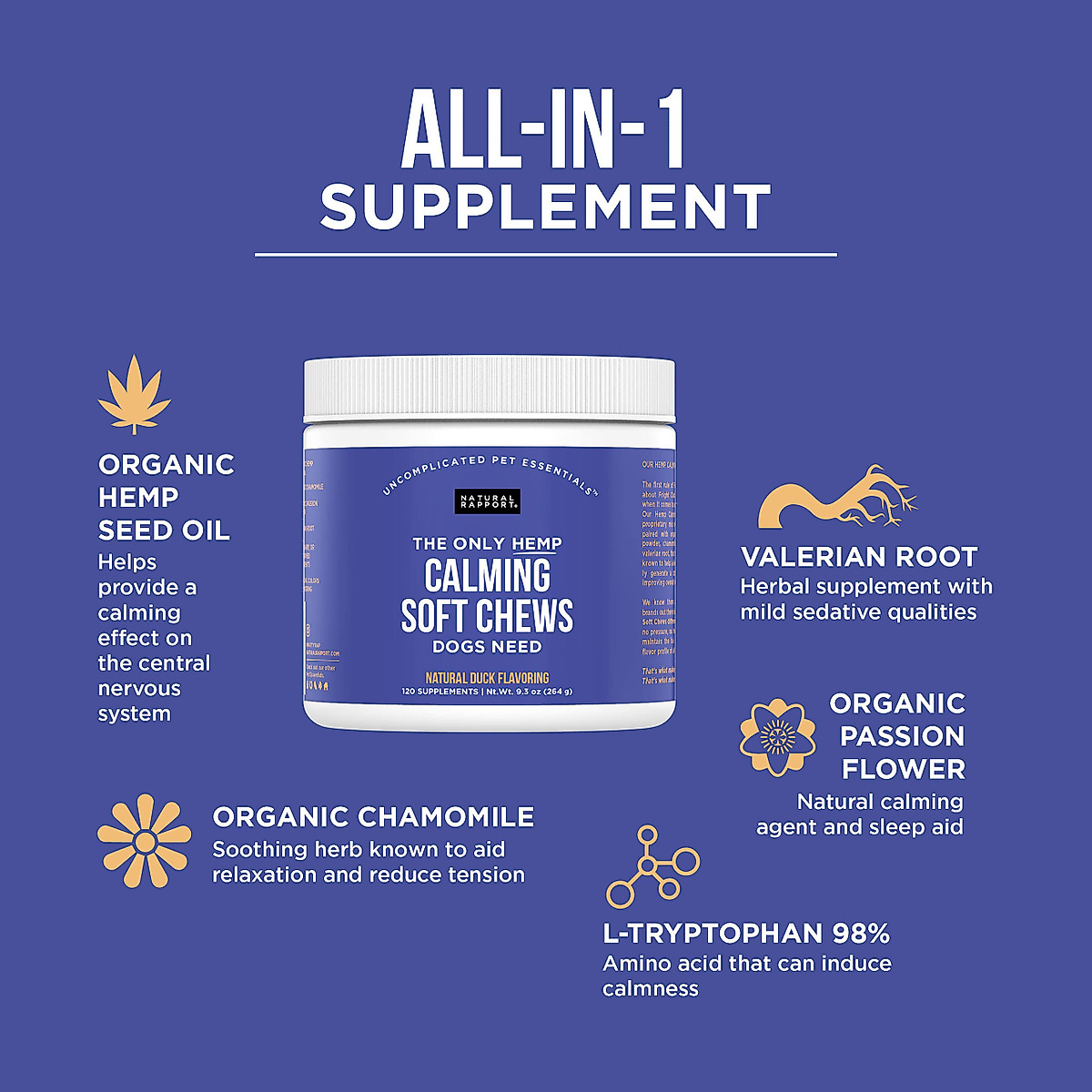 Natural Rapport Dog Calming Treats - The Only Calming Soft Chews That Dogs Need - 120ct Chews That Contain Chamomile to Alleviate Stress