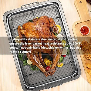 Air Fryer Basket For Oven 2 Set, 15.2 x 10.3 inch Stainless Steel Air Fryer Basket and Baking Sheet, with Non-stick Coating, For French Fried, Turky, Bacon, Chicken Wings