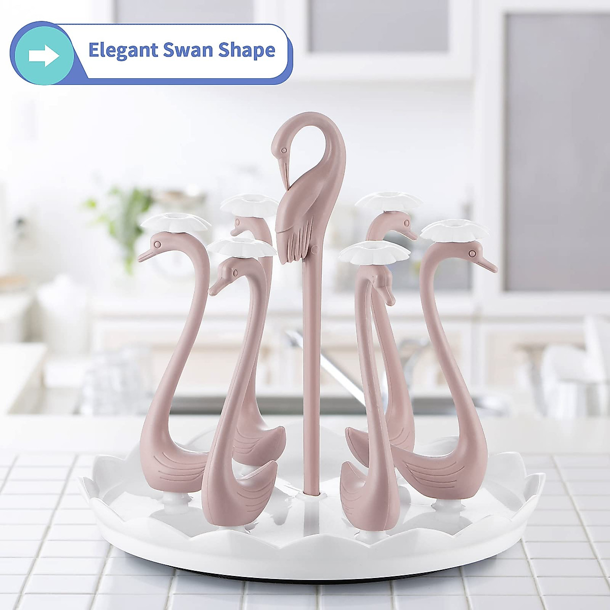MOLIGOU Cup Drying Rack, Mug Dryer Rack with Drip Tray, Rotating Bottle Drying Stand Holder for Kitchen Counter, 6 Holders (Pink Swan)