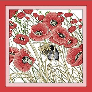 Cross Stitch Kits for Beginners Poppy & Mouse Stamped Cross-Stitch Paint Needlework DIY 14CT 2 Strands Cotton Thread Printed DIY Needlepoint Kits DMC Craft Needlework 33×33cm