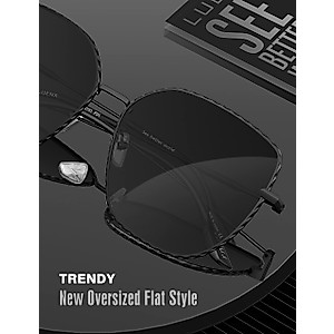 LUENX Trendy Square Oversized Women Aviator Sunglasses - Polygon Flat Three dimensional Rhombic Loop Wire Black Frame PC Grey Lens