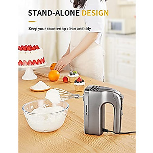 SHARDOR Hand Mixer, 350W Handheld Mixer with Storage Case 5-Speed Plus Turbo Hand Mixer Electric With 5 Stainless Steel Attachments(2 Beaters, 2 Dough Hooks and 1 Whisk), Silver