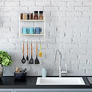 Bathroom Shelf with Towel Bar 2 Tier Wall Mounted Industrial Towel Rack with Shelf 5 Hooks for Bathroom Kitchen Living Room (White)