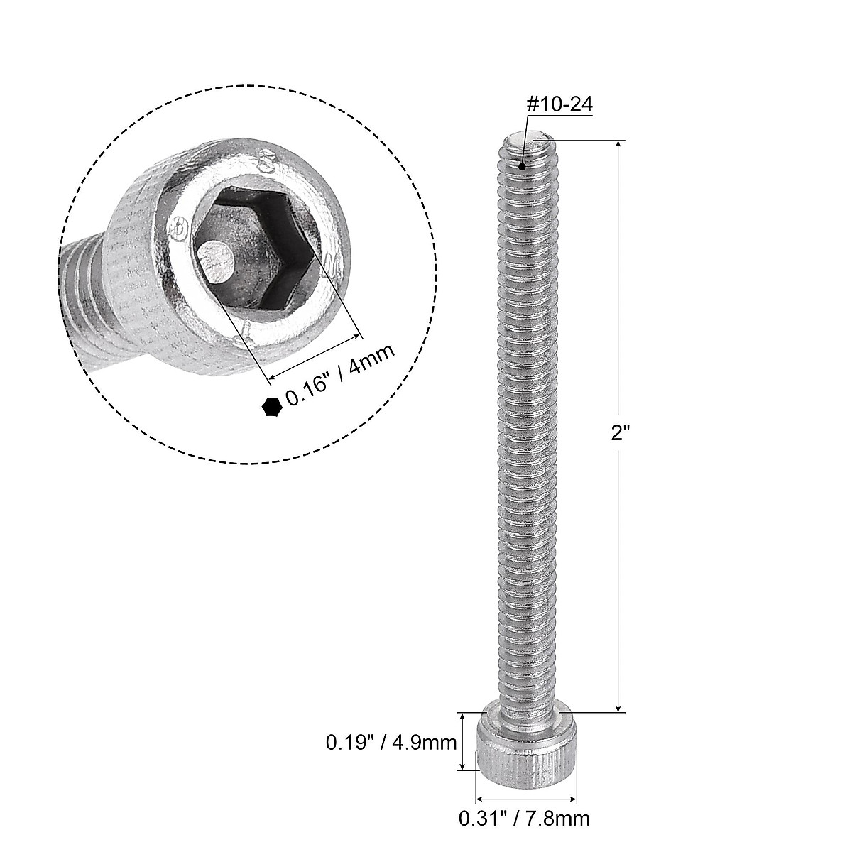 uxcell #10-24x2 Hex Socket Head Cap Screw Bolts 304 Stainless Steel Polished 25pcs