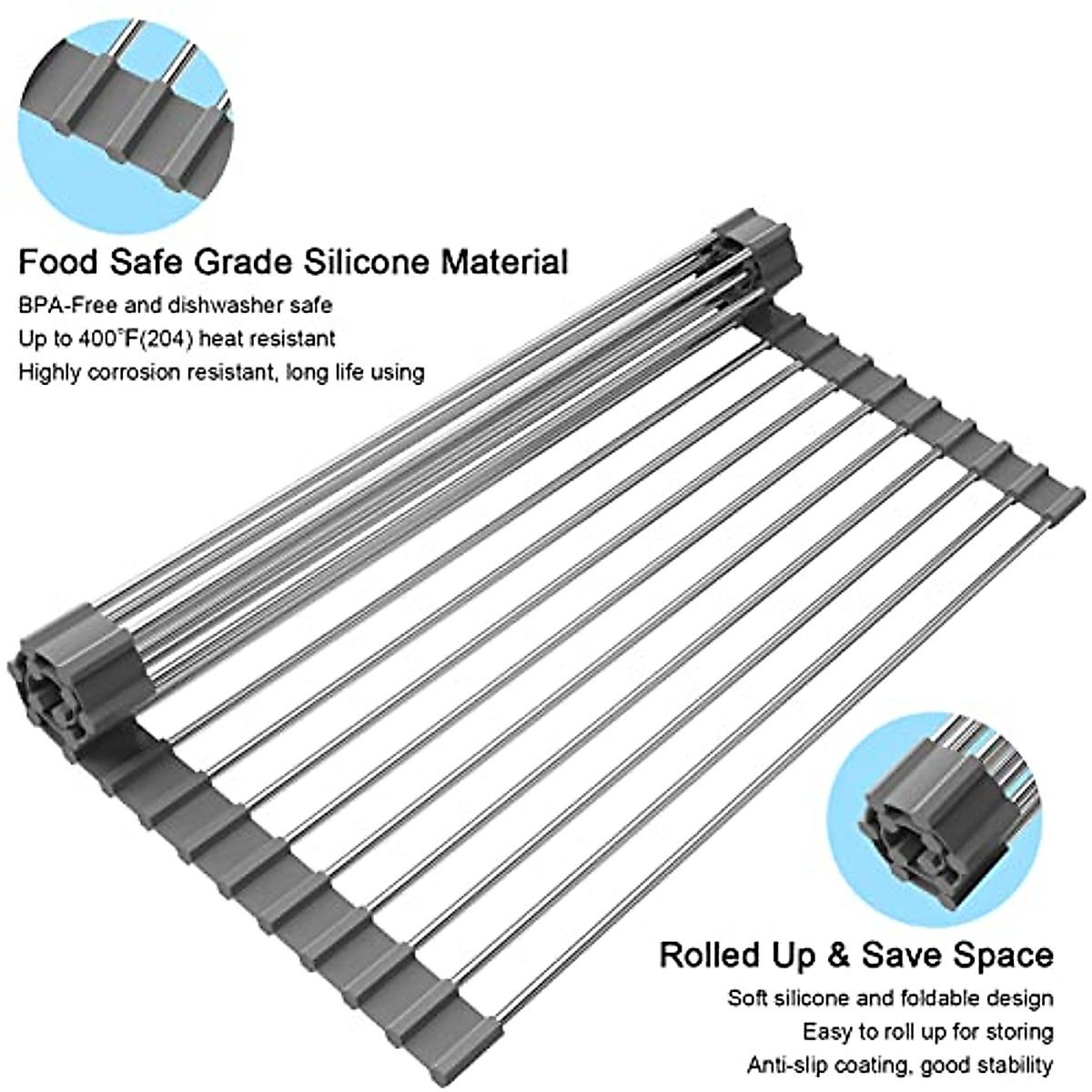 Haydyson Roll Up Dish Drying Rack, 17.5" x 15.7", Multipurpose Sink Drying Rack, Stainless Steel Sink Rack Dish Drainer Heat Resistant Dish Racks for Kitchen Counter