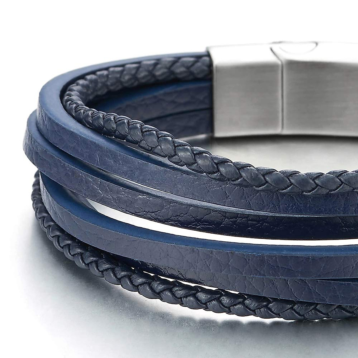 COOLSTEELANDBEYOND Mens Womens Multi-Strand Navy Blue Braided Leather Bracelet Wristband with Steel Magnetic Clasp