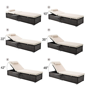 Outdoor Lounge Chairs Set of 2, PE Wicker Chaise Patio Brown Rattan Reclining Chair Furniture Set Beach Pool Adjustable Backrest Recliners with Side Table Head Pillow (White)