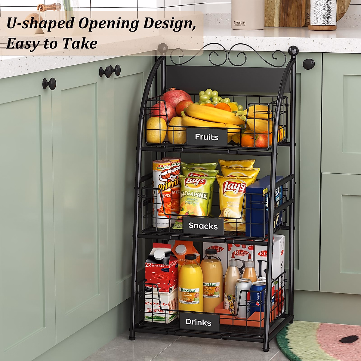 3 Tier Vegetables Storage Basket Stand with Nameplate, Removable Wire Fruit Basket, Kitchen Freestanding Metal Fruit Storage Cart with Anti-scratch Adjustable Feet, for Fruit Vegetable Onion Potato