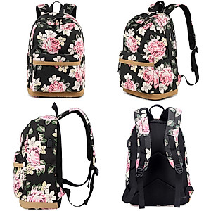 Canvas School Backpack Teens Backpack School Bag Backpack for School Book Bag set (Floral-black)