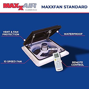 MAXXAIR Maxxfan Plus High Powered 10-Speed RV Intake and Exhaust Fan - Manual or Remote Control Electric Opening, Easy Ceiling Controls, Rain Sensor with Automatic Lid Closure, Smoke (00-04500K)