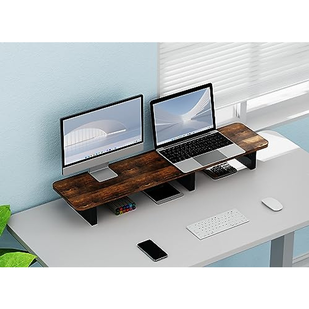 ErgoFocus Large Wood Monitor Stand, 39-inch Long Dual Monitor Riser with Storage Space