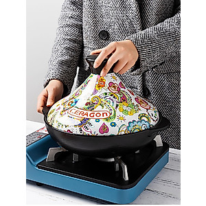 Handmade Clay Stoneware Tajine Flower Pattern Moroccan Tagine Pot Enameled Cast Iron Casserole Non Stick Saucepan Exotic Stew Pot with Lid for Cooking and Stew Casserole Slow Cooker