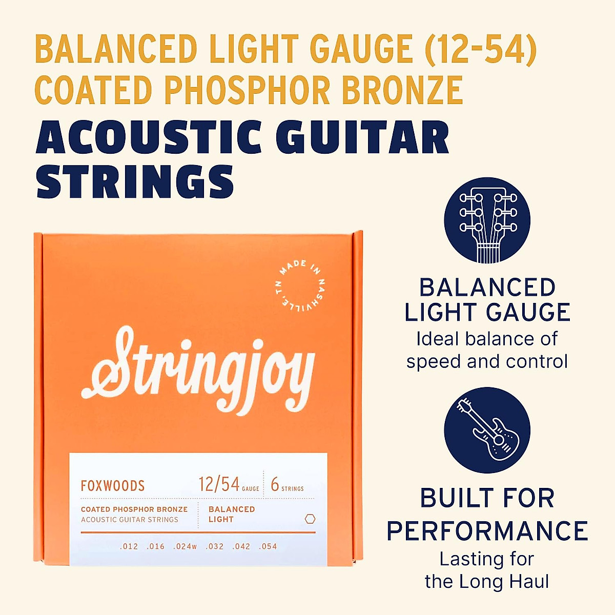 Stringjoy FW1254 Foxwoods Coated Phosphor Bronze Acoustic Guitar Strings 12-54 Light Gauge, Long-Lasting Tone, Smooth Playability, Acoustic Guitar Strings 6 String Set, Premium Guitar Accessories