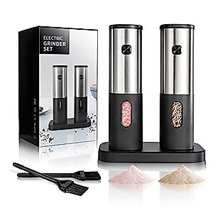 Battery Operated Salt and Pepper Grinder Set, Electric Salt Grinder with Storage Base, One Hand Automatic Operation, Stainless Steel Black 2 Pack