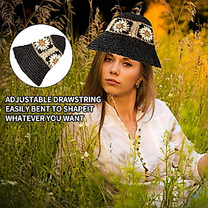 Womens Straw Sun Hat Woven Bucket Hat Summer Beach Cap Fishing Hat Fashion Floral Cap Beach Hat for Women Foldable Vacation Travel Straw Hat Black