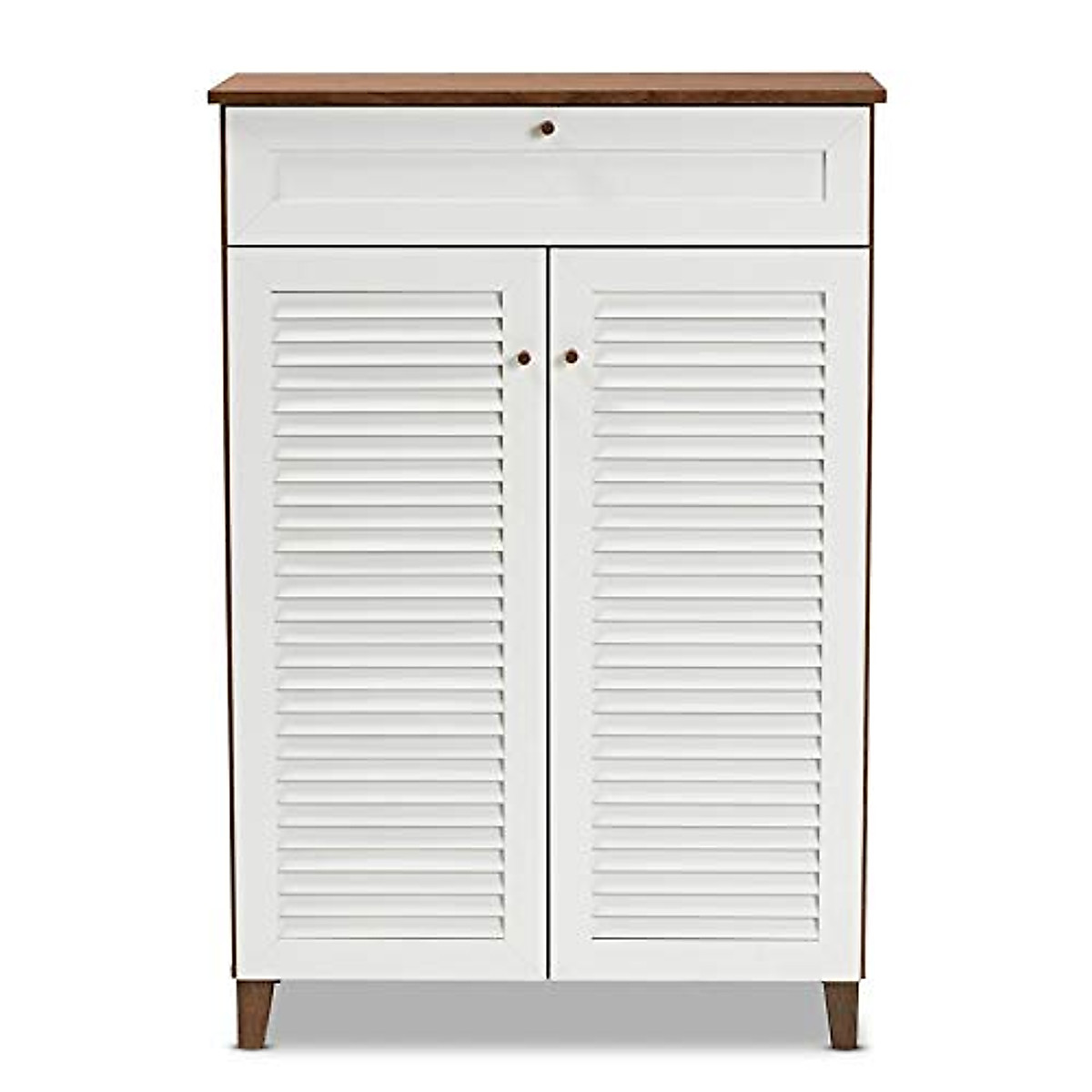 Baxton Studio Coolidge Modern and Contemporary White and Walnut Finished 5-Shelf Wood Shoe Storage Cabinet with Drawer