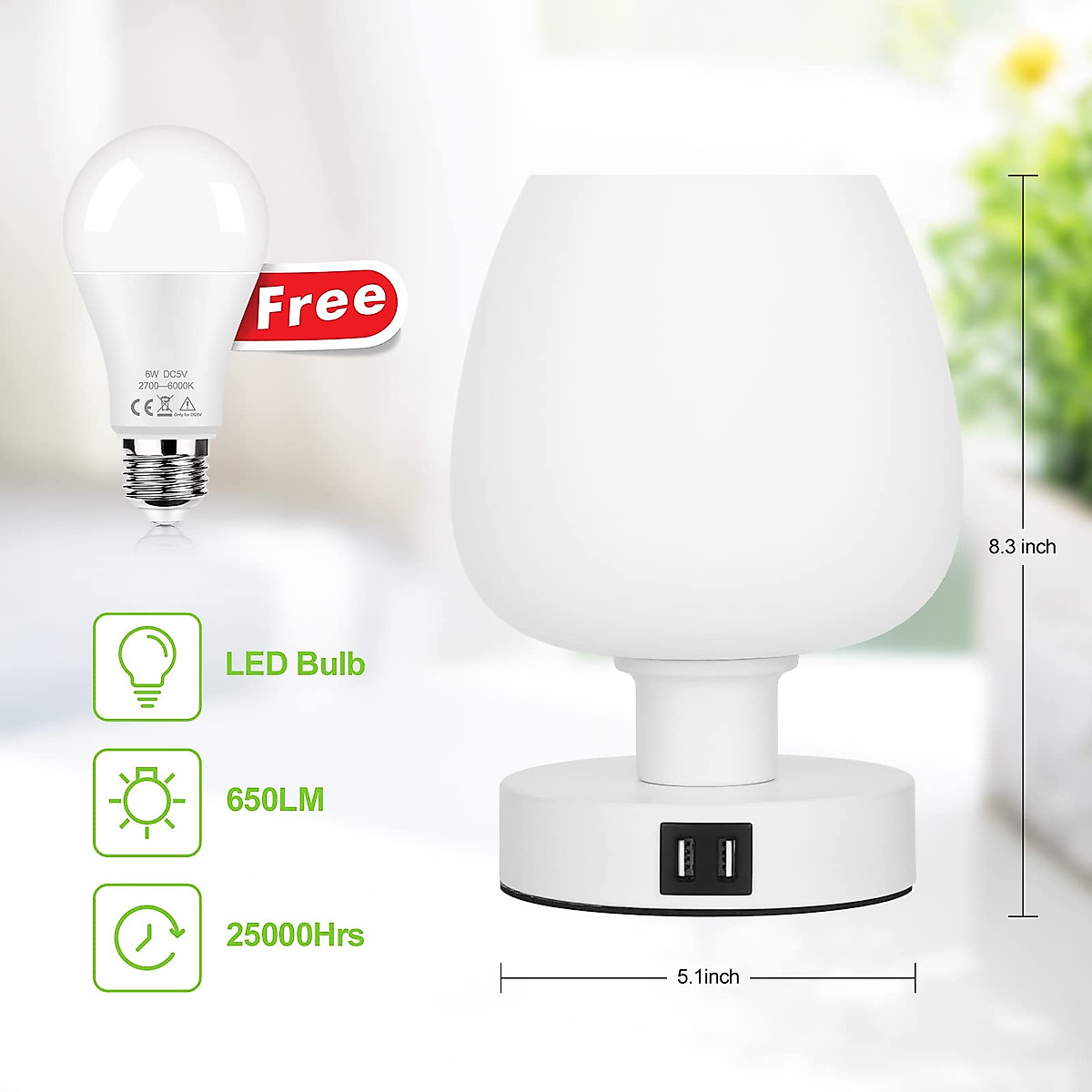 Touch Control Bedside Table Lamp with 2 USB Ports, Dimmable Small Nightstand Lamp for Bedroom, Modern Desk lamp with White Glass Lampshade, with 2700K-6000K Adjustable Color Temperature Bulb