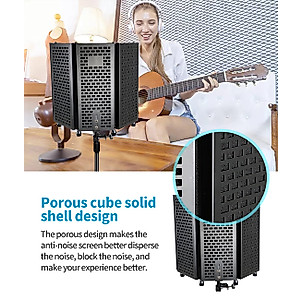 Studio Microphone Isolation Shield with Desk Mic Stand and Pop Filter, High Density Sound Proof Absorbing Foam, Portable Acoustic Treatment Equipment for Recording Mics Home Studio Podcast Vocal Booth