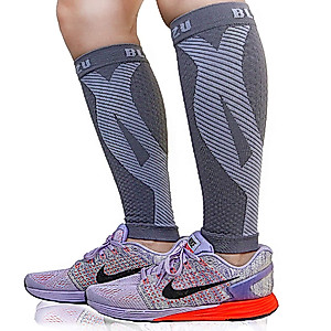 BLITZU 3 Pairs Calf Compression Sleeves for Women and Men Size L-XL, One Grey, One Black, One Blue Calf Sleeve, Leg Compression Sleeve for Calf Pain and Shin Splints. Footless Compression Socks.