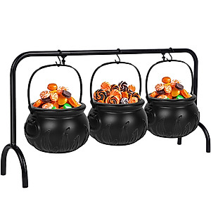 Zcaukya Halloween Decorations, 3 Packs Plastic Witch Cauldrons Hanging On Iron Rack, Black Witch Pots Set with Stand Candy Holders for Haunted House Halloween Party Supplies Tabletop Decor