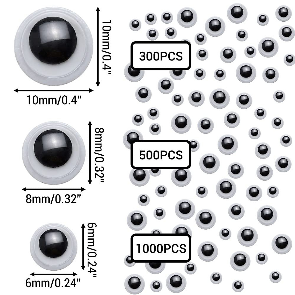 1800 Pieces Wiggle Googly Eyes Plastic Black and White Bulk Self Adhesive Googly Eyes Mixed Size 6mm 8mm 10mm for DIY Art Crafts Scrapbooking Dolls Puppets Invitation Cards