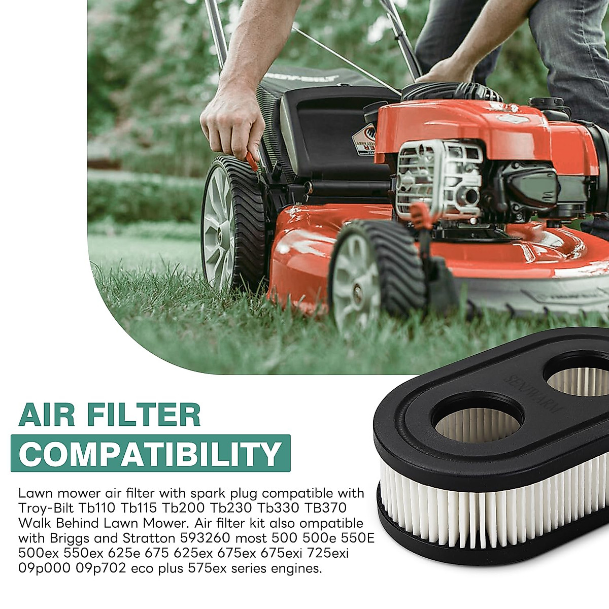 593260 Air Filter Spark Plug Compatible with Troy-Bilt TB110 TB115 TB200 TB230 TB330 TB370 Lawn Mower Air Filter798452 334404、Engines 500 500E 550E 500EX 550EX 625E 675 Series