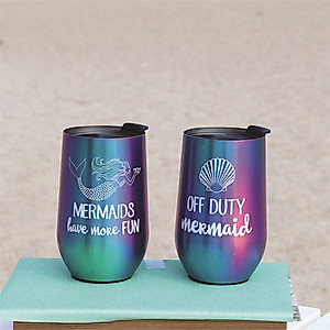 Mermaid Insulated Stainless Steel Wine Tumbler with Lid Stemless Wine Glass - 2 Styles Available (Mermaids Have More Fun)