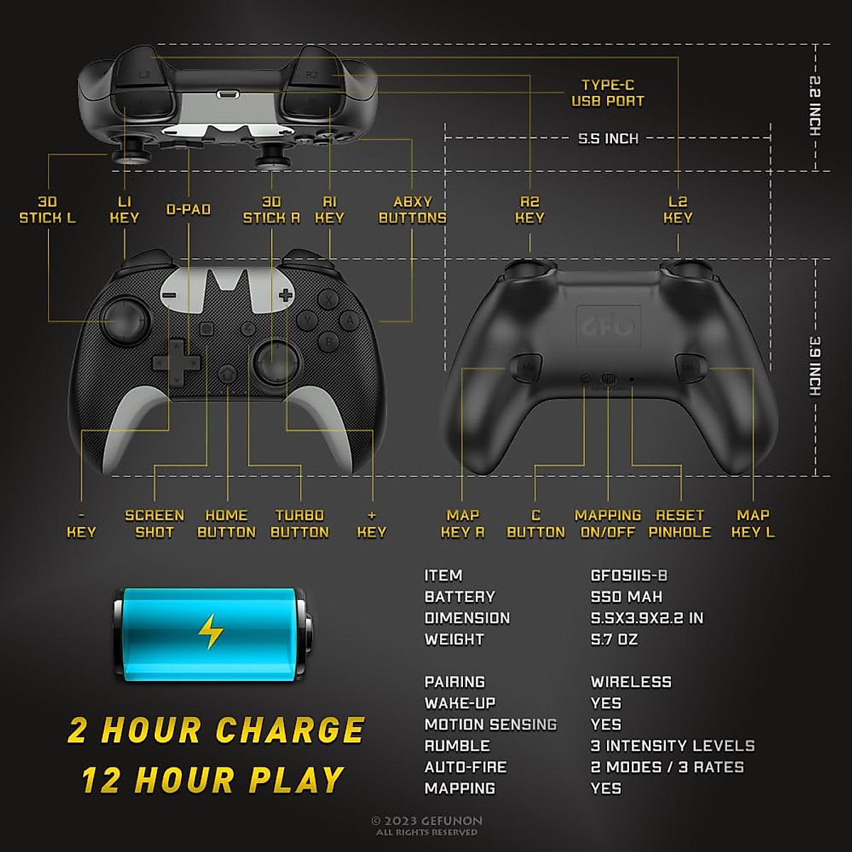 Wireless Controller Compatible with Nintendo Switch/Lite/OLED, Dark Knight Edition Remote Game Control with Turbo, Motion Control, HD Rumble - Black/Grey