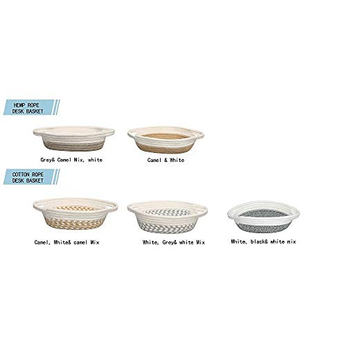 Small Rope Storage Key Basket Desk Organizer Basket Remote Control Bedside Storage Home Decor Mini Basket Woven Storage Basket Bowl Woven Dish Desk Container (Grey Camel Mix & White - Hemp Rope)