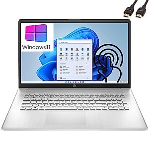 HP 17 17.3" Touchscreen HD+ Laptop Computer, Quad-Core AMD Ryzen 3 5300U (Beat i3-1115G4), 8GB DDR4 RAM, 256GB PCIe SSD, WiFi 6, Bluetooth 5.2, Natural Silver, Windows 11 Home, BROAG HDMI Cable