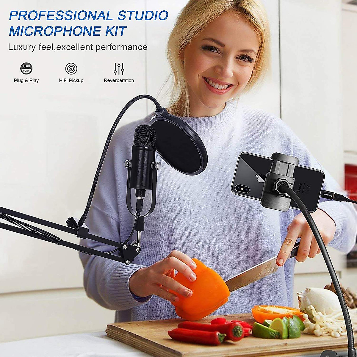 USB Microphone Condenser Computer PC Gaming Mic Podcast Microphone Kit for Streaming,Recording,Vocals,ASMR,Voice,Cardioid Studio Microphone for Phone/Pad/Android/MAC/Laptop/PS4/USB C Phone,YouTube