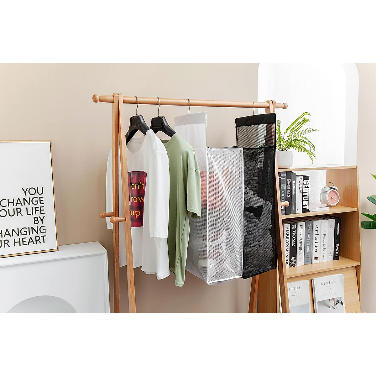 ALYER 2 Sections Collapsible Mesh Laundry Hamper,Hanging Heavy Duty Laundry Basket and Durable Dorm Bathroom Storage Bag with Two Hangers,Black & White