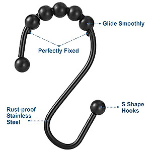 TENOVEL Shower Curtain Hooks, Metal S Shaped Shower Rings Rust Proof for Bathroom Shower Rods Curtains, Durable Stainless Steel Bathroom Shower Curtain Hanger, Matte Black, Set of 12