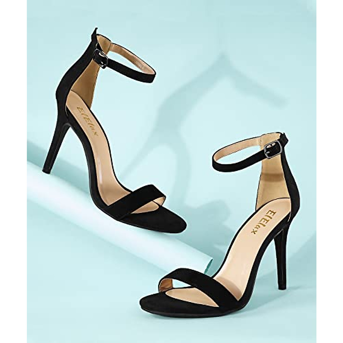 ElElax Black Nude Gold Heels for Women 4 Inches, Stiletto Heels Ankle Strap Heeled Sandals for Dressy Wedding Party