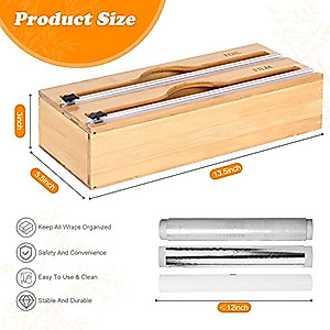 Wownic Wrap Dispenser 2 in 1 with Cutter and Labels Carved | WrapNeat Plastic Wrap Organizer | Foil and Wax Dispenser for Kitchen Drawer | Bamboo Roll Organizer Holder | Compatible with 12" Roll