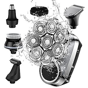 Bald Head Shaver, Upgrade 8D Floating Head Shaver for Bald Men,6-in-1 with Nose/Hair/Body Trimmer, Electric Razor Bald for Men IPX7 Waterproof, Wet/Dry Mens Grooming Kit,LED Display, USB Rechargeable