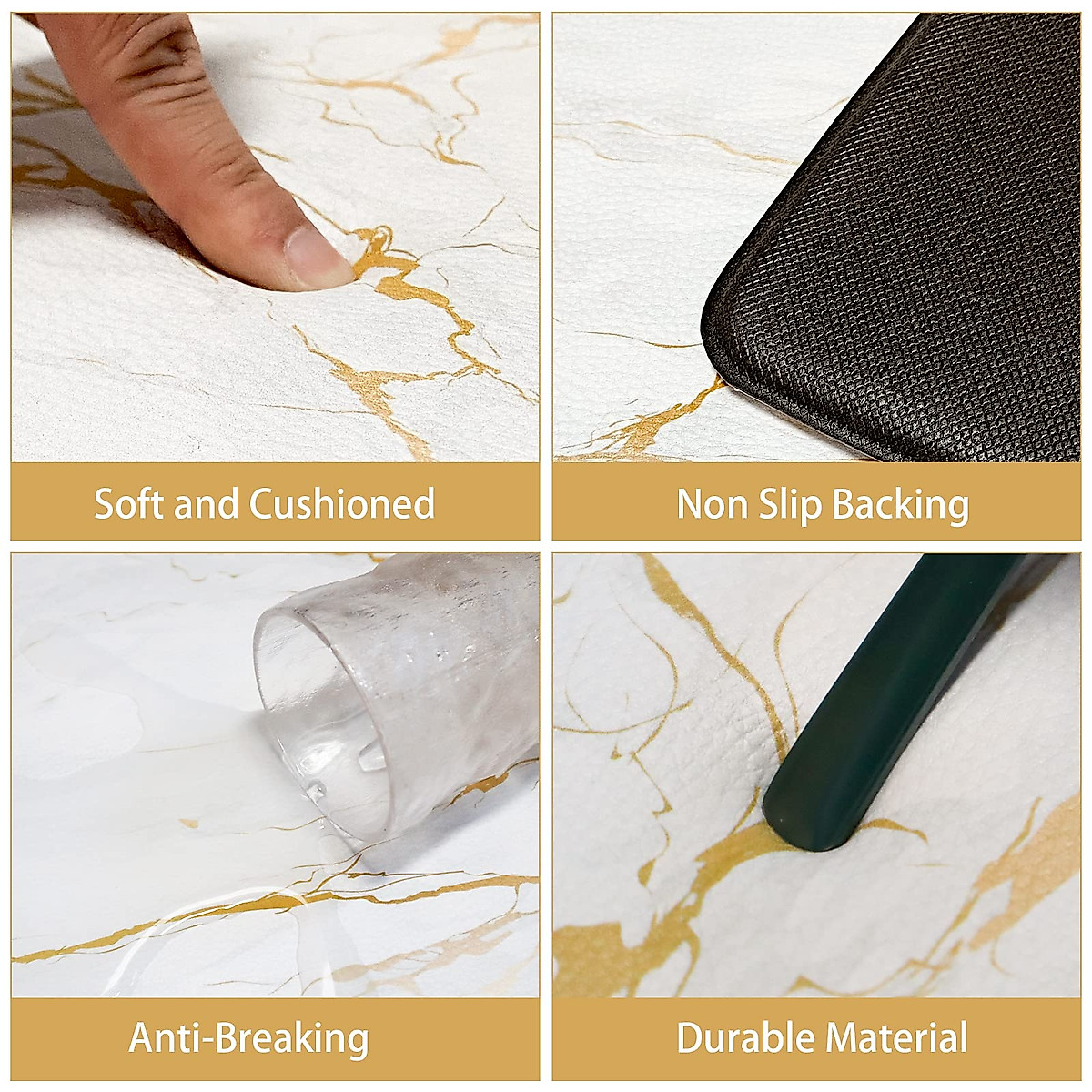 BAOERYAA Kitchen Mats and Rugs Anti Fatigue Cushioned Marble Kitchen Mat Non-Skid & Waterproof White and Gold Kitchen Accessories Comfort Standing Desk Mat Kitchen Mats for Floor Office, Sink, Laundry