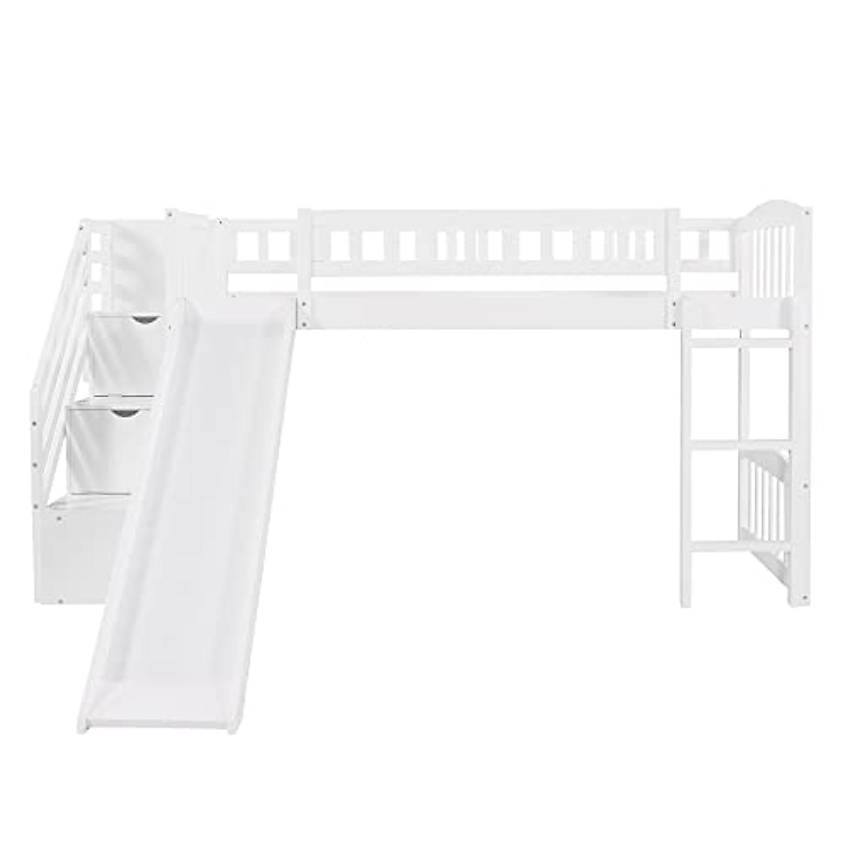 ODC Twin Size Loft Bed with 2 Drawers and Slide for Kids, Solid Wood Loft Bed Frame with Storage, Low Loft Bed with Slide, Ladder and Security Guardrail for Kids Girls Boys Teens