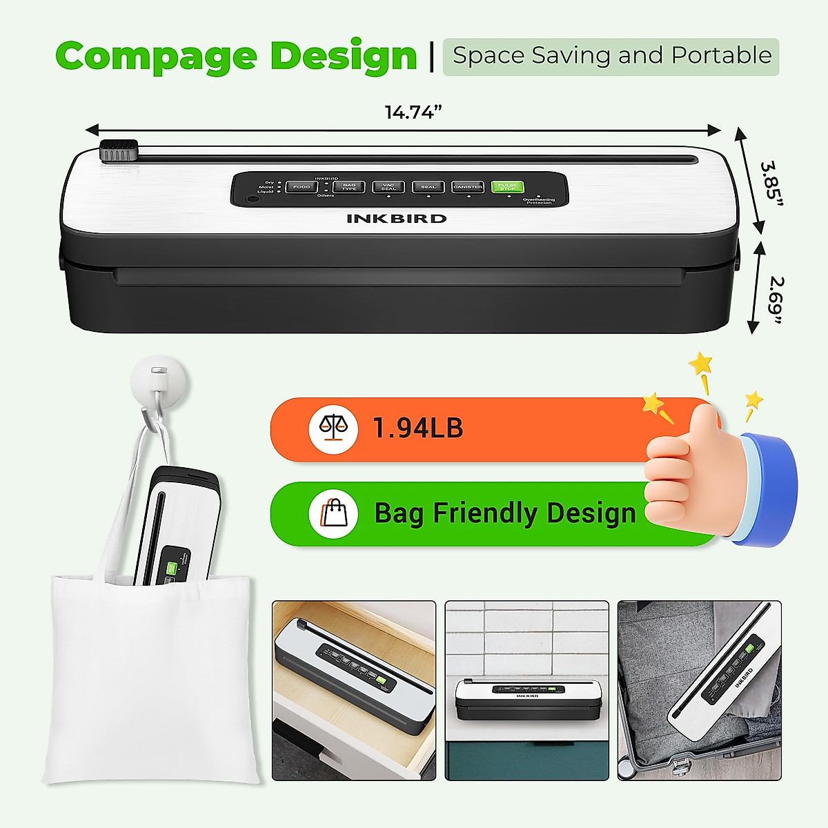 Vacuum Sealer Machine, INKBIRD Powerful 130W High Power with Liquid/Moist/Dry 6-Food Modes, Compact Food Preservation System with Cutter, Full Start Kit with Pre-cut Bags*10 (8''*11.8''), EXT-VAC