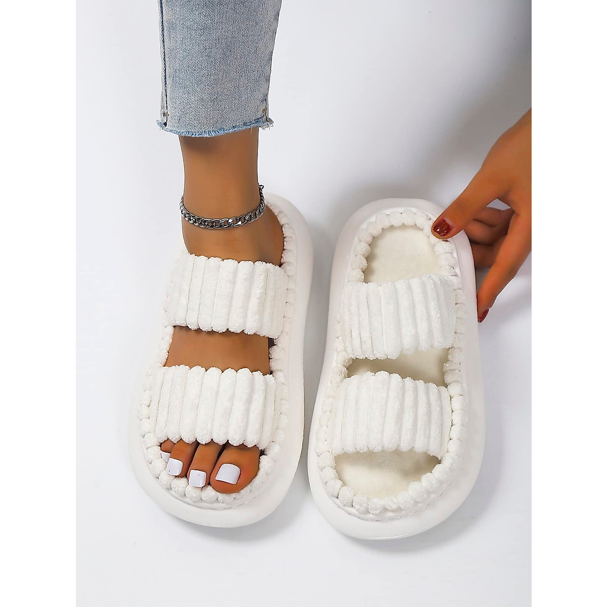 OYOANGLE Women's Solid Minimalist Stripe Fuzzy Bedroom Slippers Fashion Warm Furry Open Toe House Slipper White CN42-43