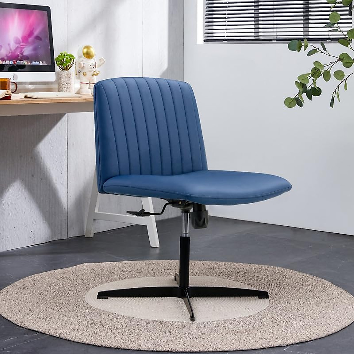 TURRIDU Criss Cross Chair No Wheels, Armless Office Chair with Wide Seat and Mid Back, Height Adjustable Swivel Cross Legged Office Chair Computer Vanity Chair for Home, Office, Small Space, Blue