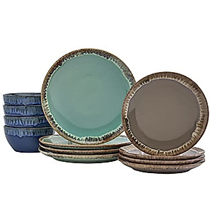 Tabletops Gallery Tuscan Reactive Glaze Stoneware- Dining Entertainment Plate Bowl Ceramic, 12 Piece Tuscan Dinnerware Set (Blue, Green, and Brown)