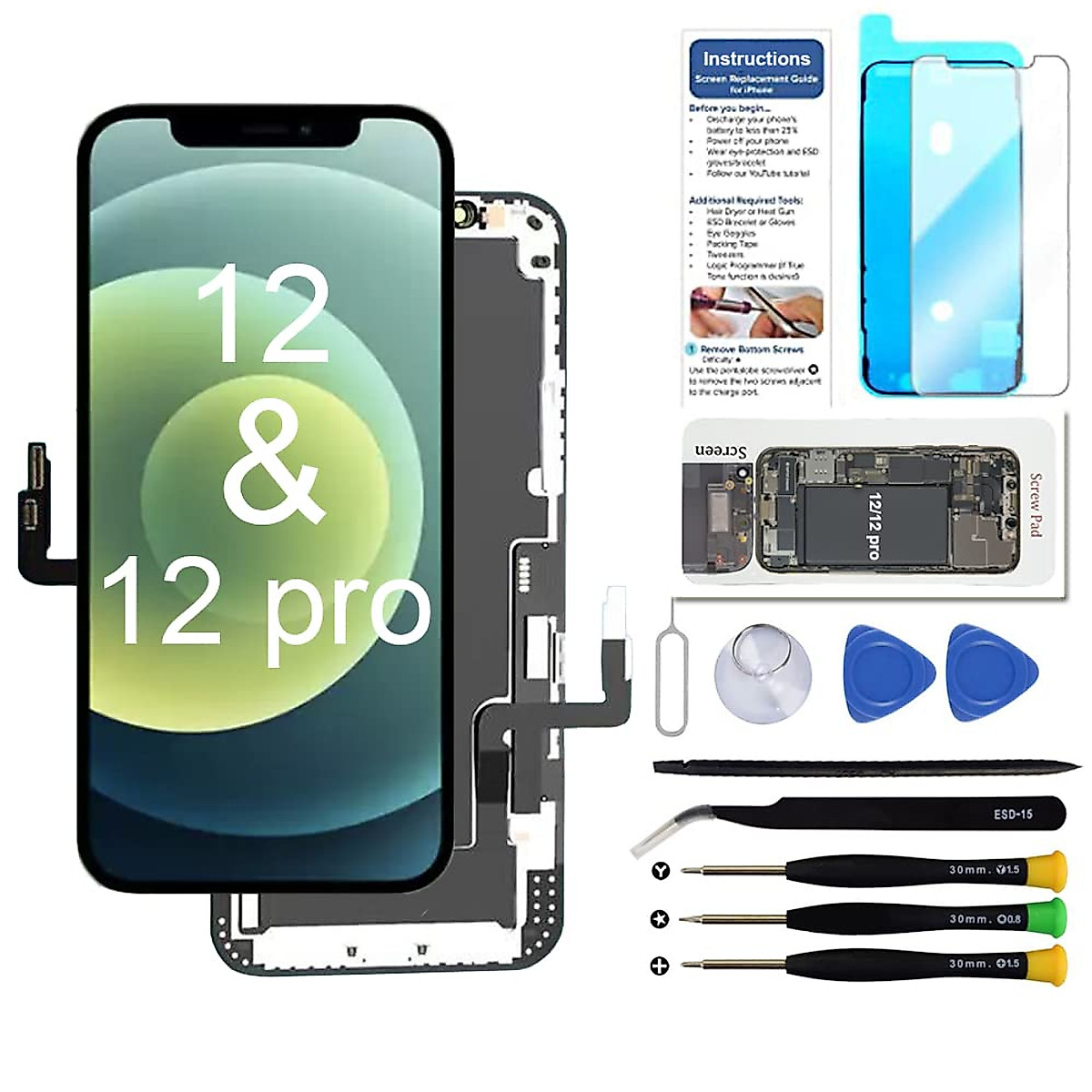 Tsikoyooe for iPhone 12/12 Pro Screen Replacement 6.1 inch, 3D Touch LCD Display Digitizer Touch Screen Assembly with Repair Tools, Compatible with iPhone 12/12 Pro 6.1 inch